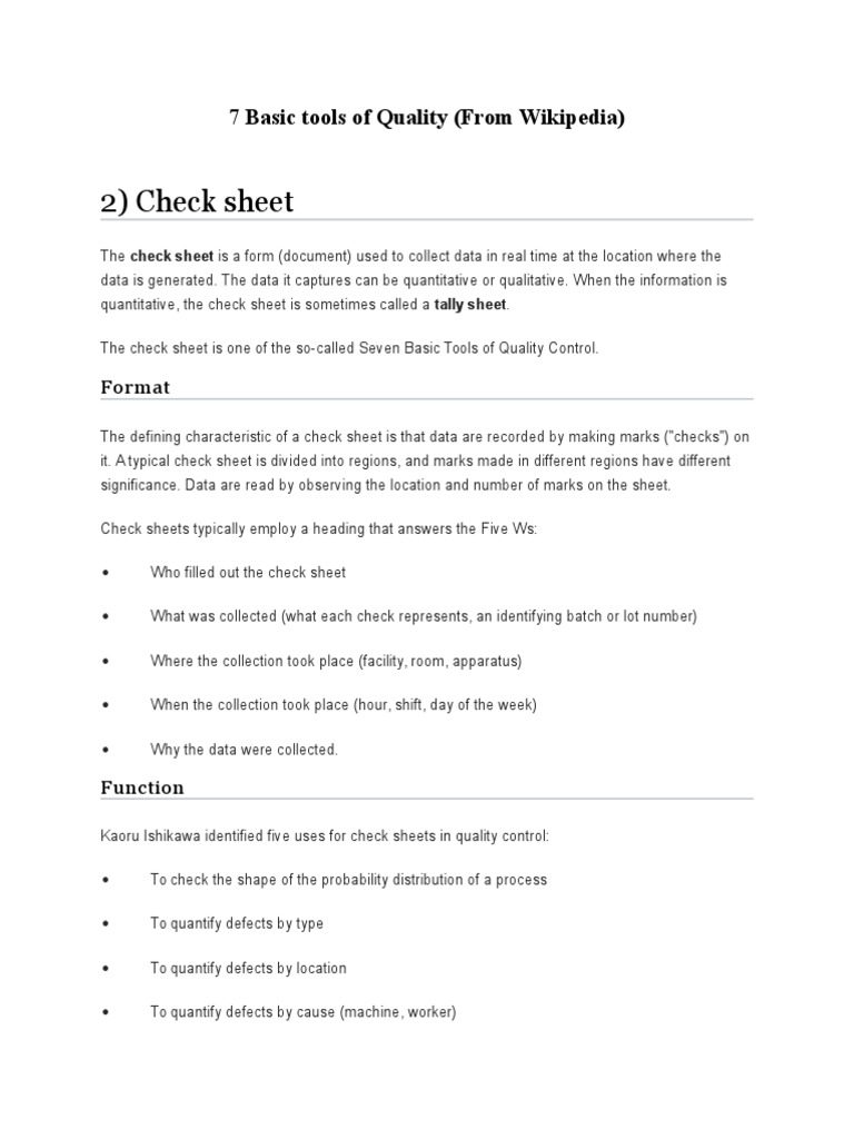 2) Check Sheet: 7 Basic Tools of Quality (From Wikipedia) | PDF