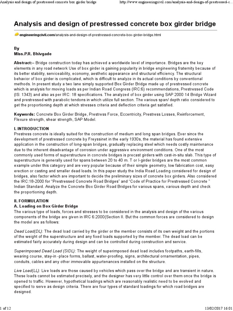 Analysis And Design Of Prestressed Concrete Box Girder Bridge Pdf Pdf