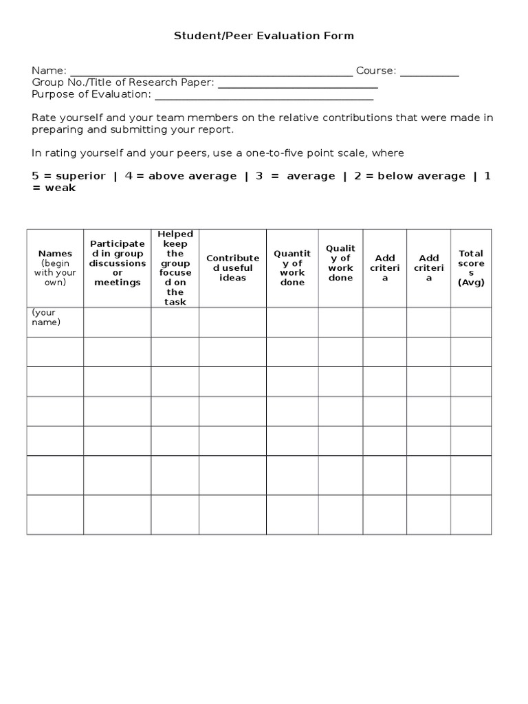 Student/Peer Evaluation Form: (Begin With Your Own) | PDF