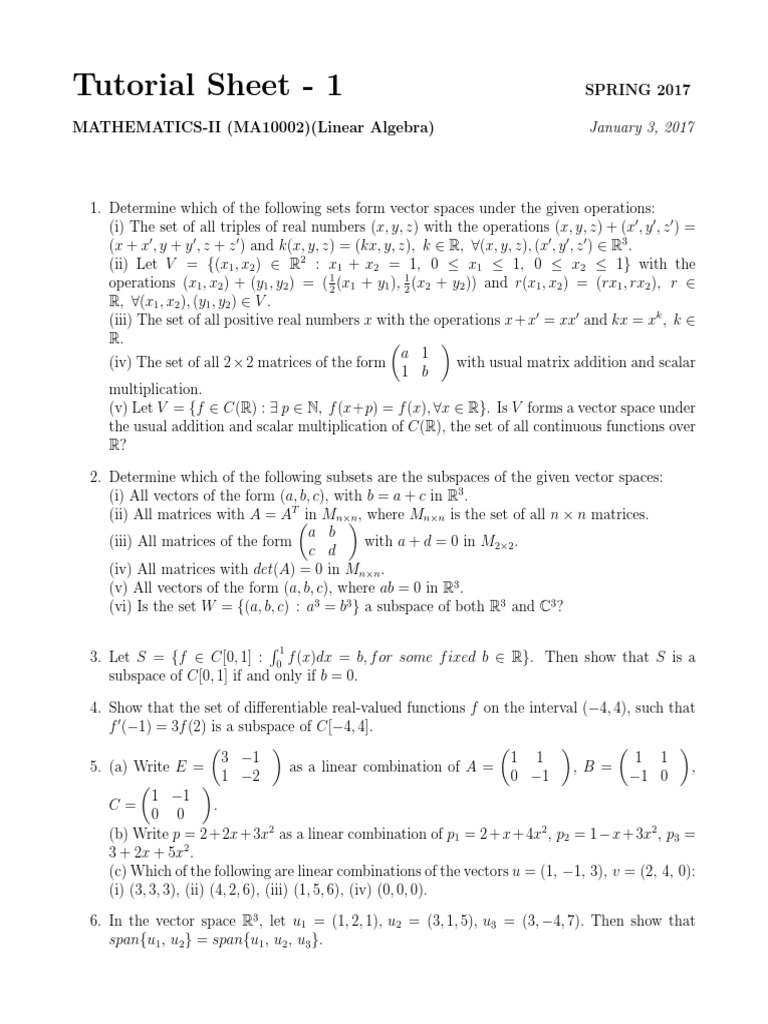 Math II Tutorial 1 | PDF | Linear Subspace | Scalar (Mathematics)