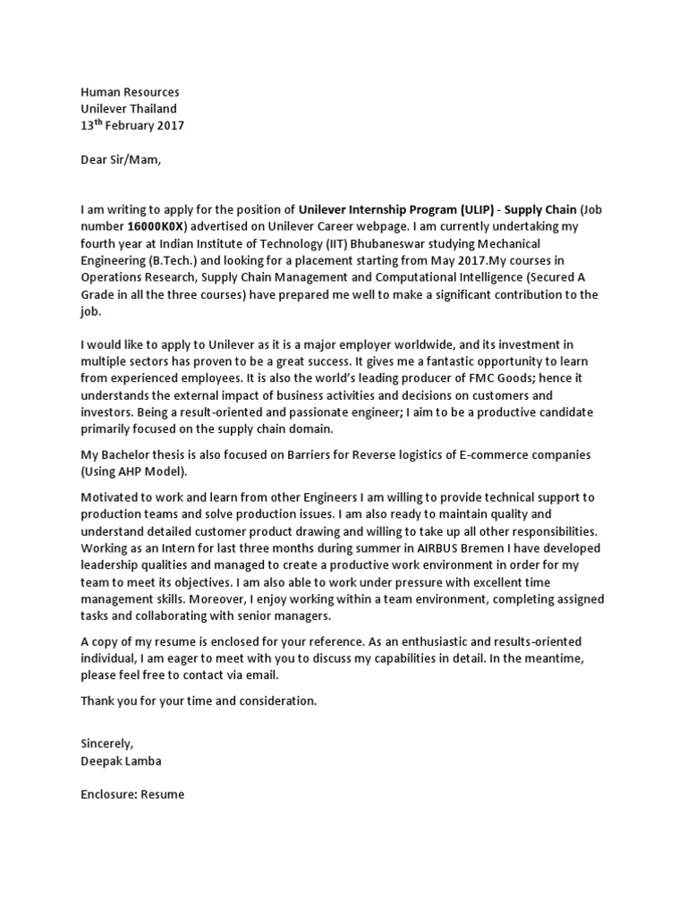 Unilever Cover Letter Deepak Lamba | Employment | Engineering