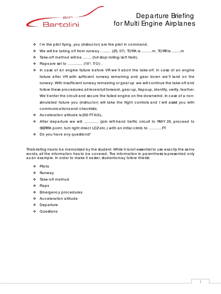 Departure Briefing For Multi Engine Airplanes | PDF