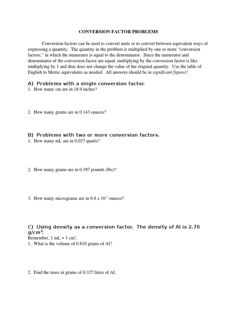 A) Problems With A Single Conversion Factor | PDF | Teaching Methods ...