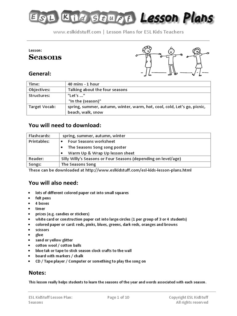 Seasons Lesson Plan | PDF | Lesson Plan | English As A Second Or ...