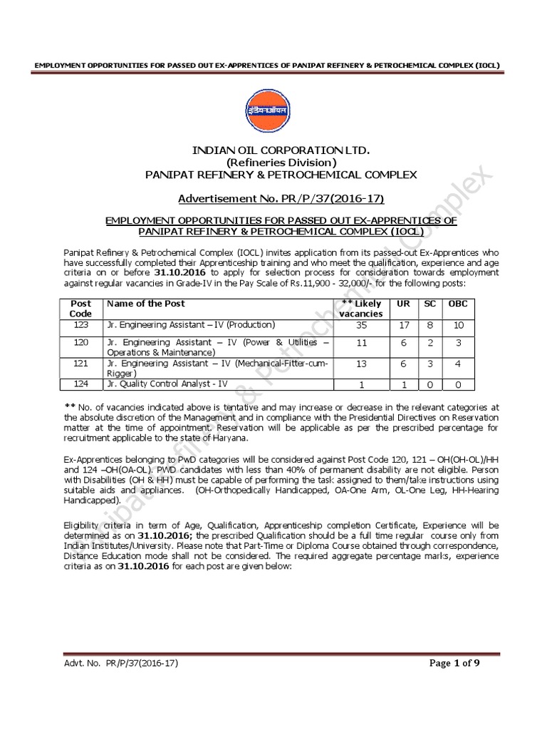 Iocl Panipat Notification | PDF | Apprenticeship | Power Station