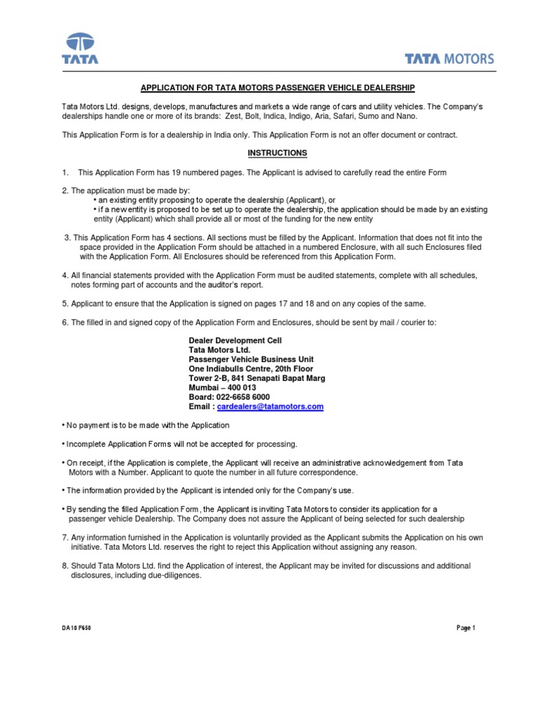TATA PV-Dealer-Application-form PDF | PDF | Sole Proprietorship ...