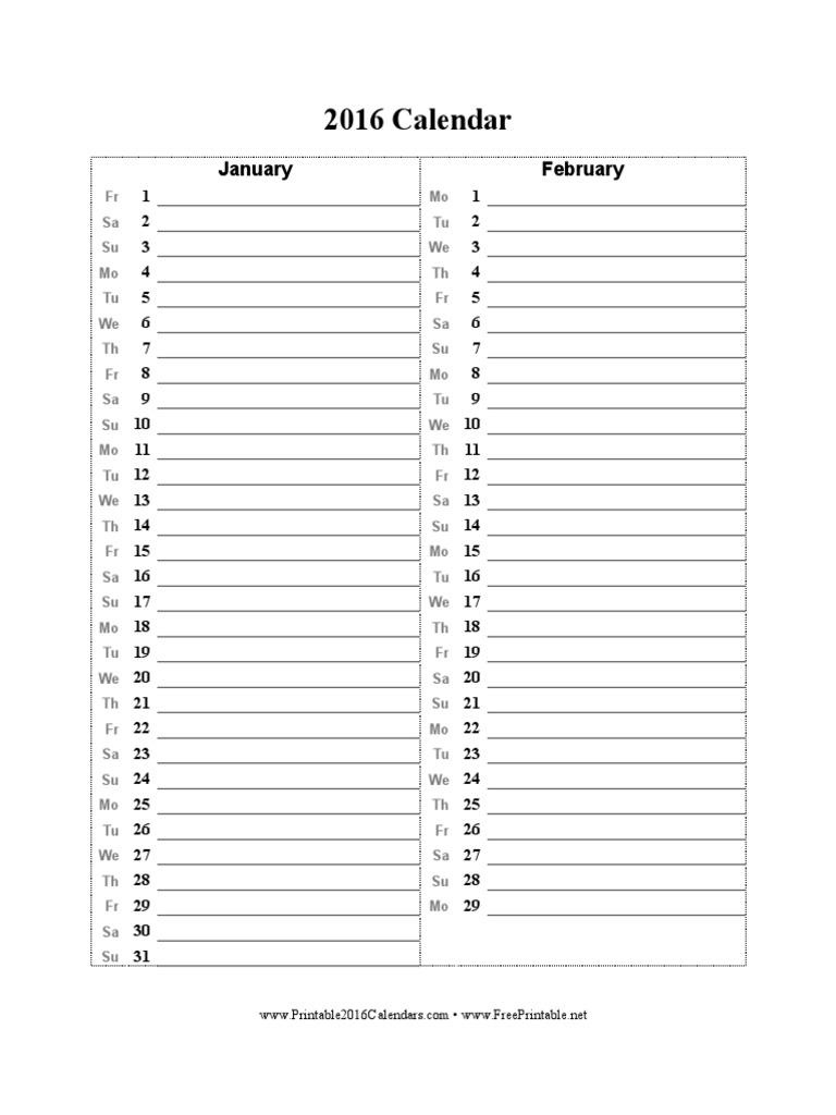 2016 Calendar Vertical List | PDF