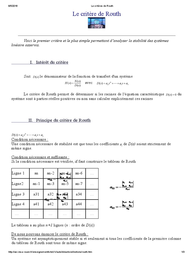 Le critères de Routh.pdf | Analyses | Algèbre générale