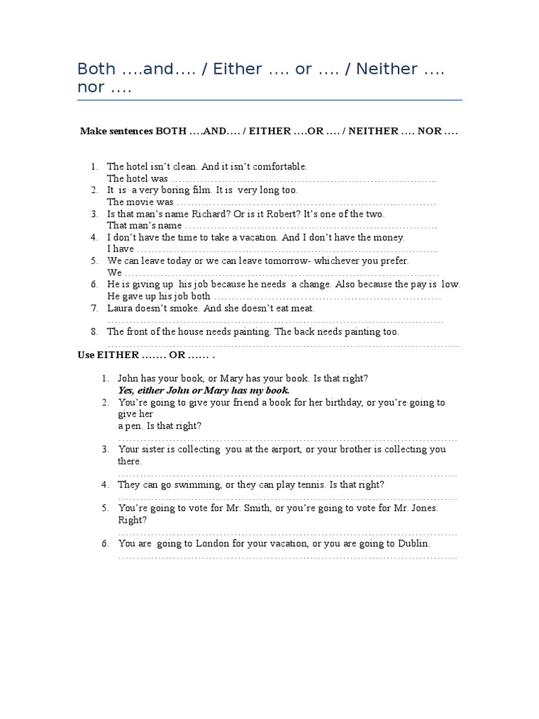 Exercises on Either/Neither Usage | PDF | Foreign Language Studies