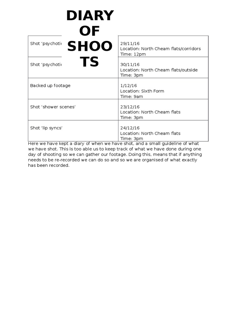 Shooting Diary | PDF