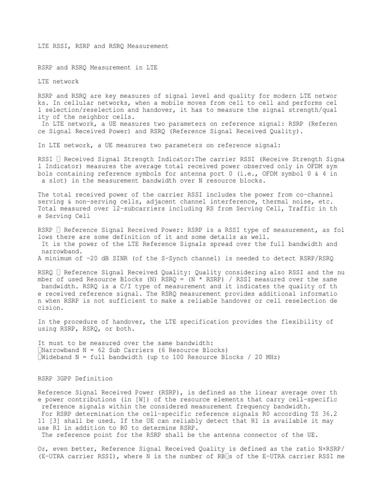 Lte Rssi | PDF | Bandwidth (Signal Processing) | Signal To Noise Ratio