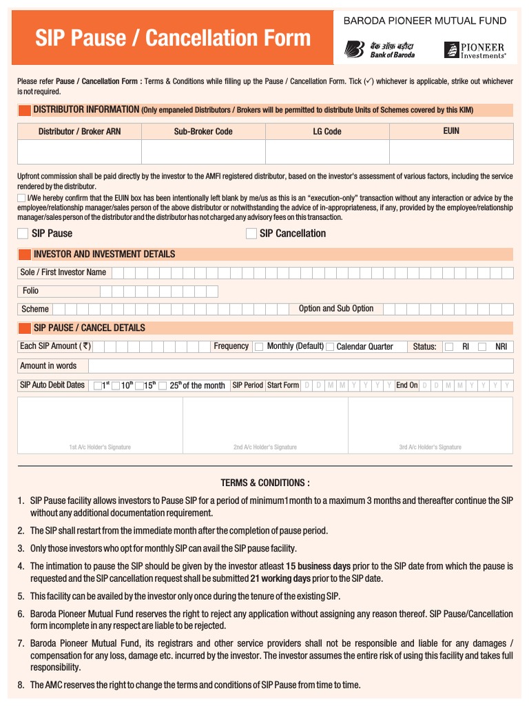 SIP Pause Cancellation Form | PDF | Investor | Mutual Funds