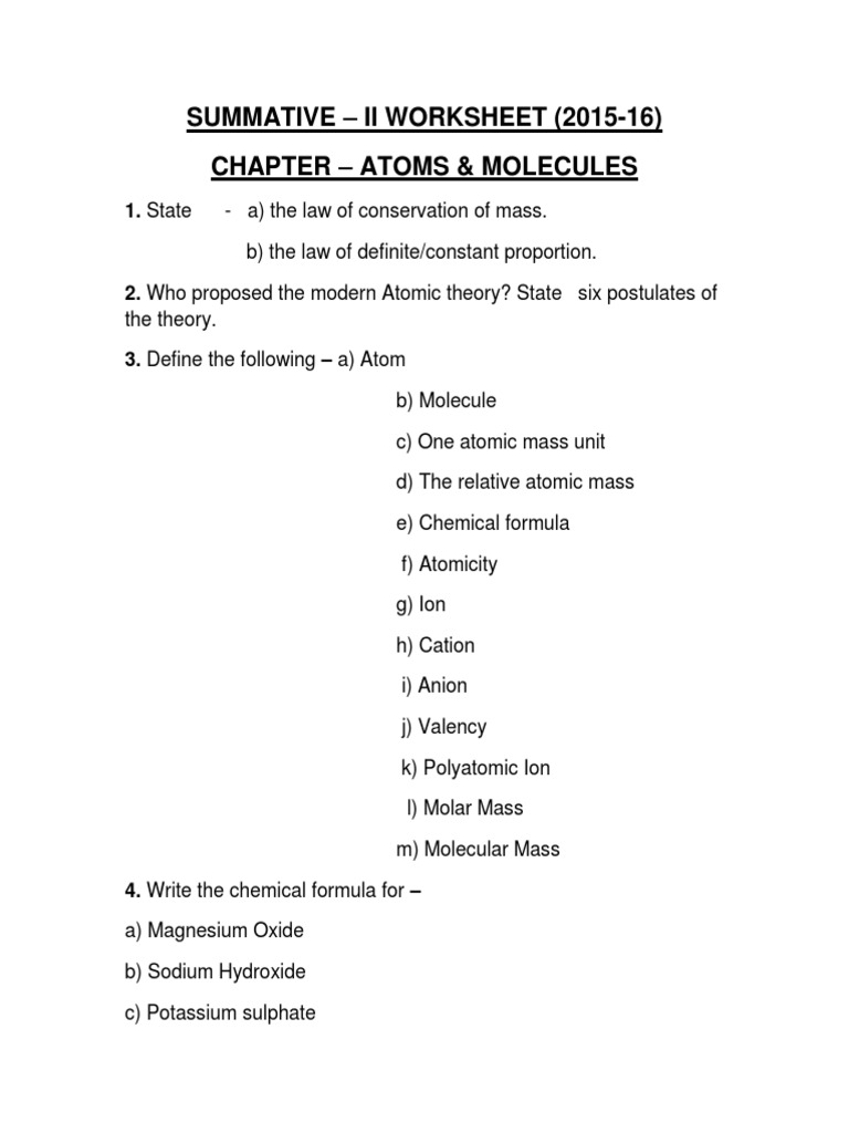 Chemistry Worksheet (Atoms and Molecules) | PDF | Ion | Molecules