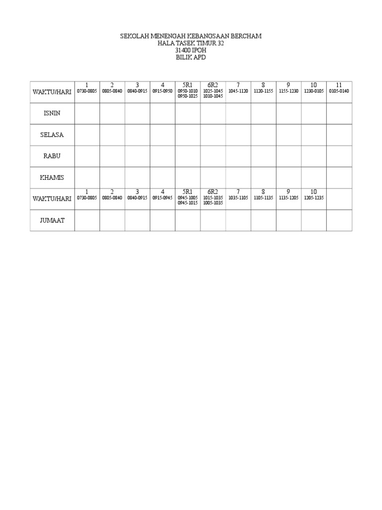 Jadual Waktu Sekolah SMK Bercham | PDF