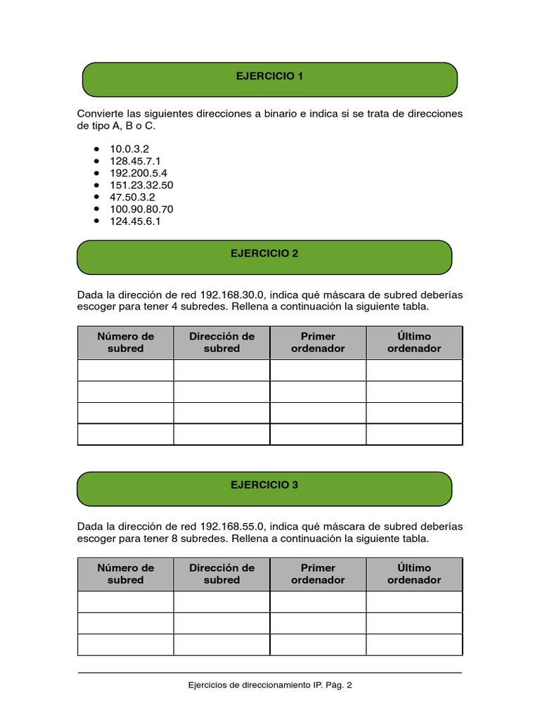 Ejercicios Direccionamiento IP.pdf | Dirección IP | Redes de computadoras