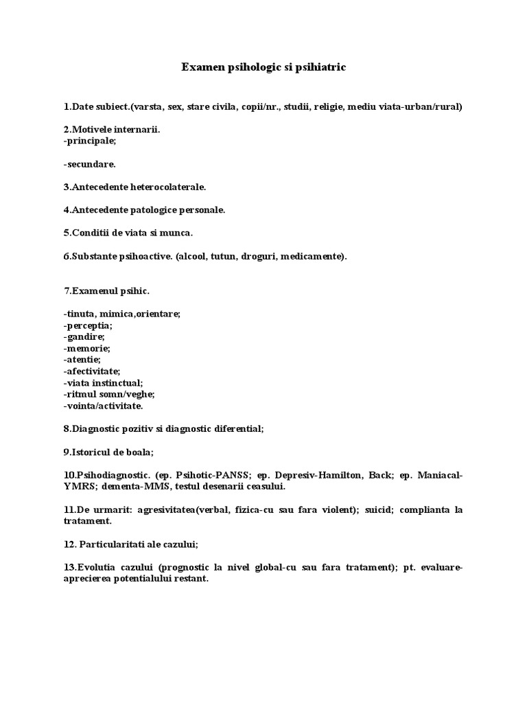 Examen Psihologic Si Psihiatric-Model Examen | PDF