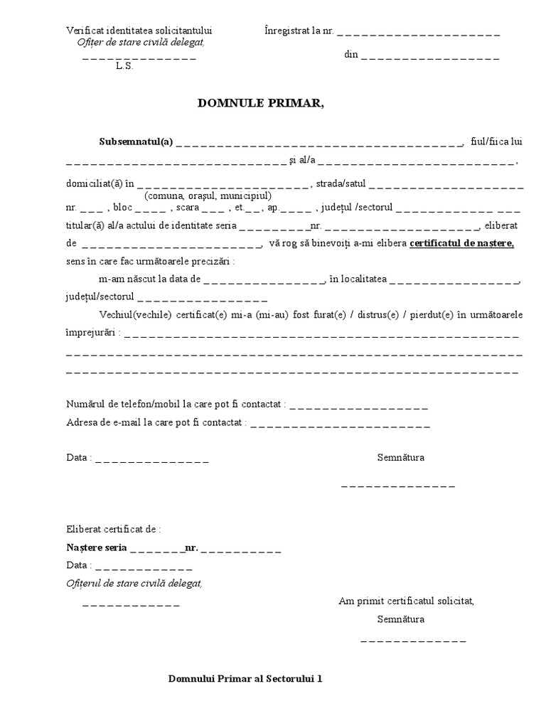 01 Cerere Eliberare Certificat de Nastere Pentru Titular Act | PDF