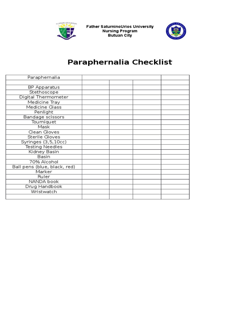 Paraphernalia Checklist: Father Saturninourios University Nursing ...