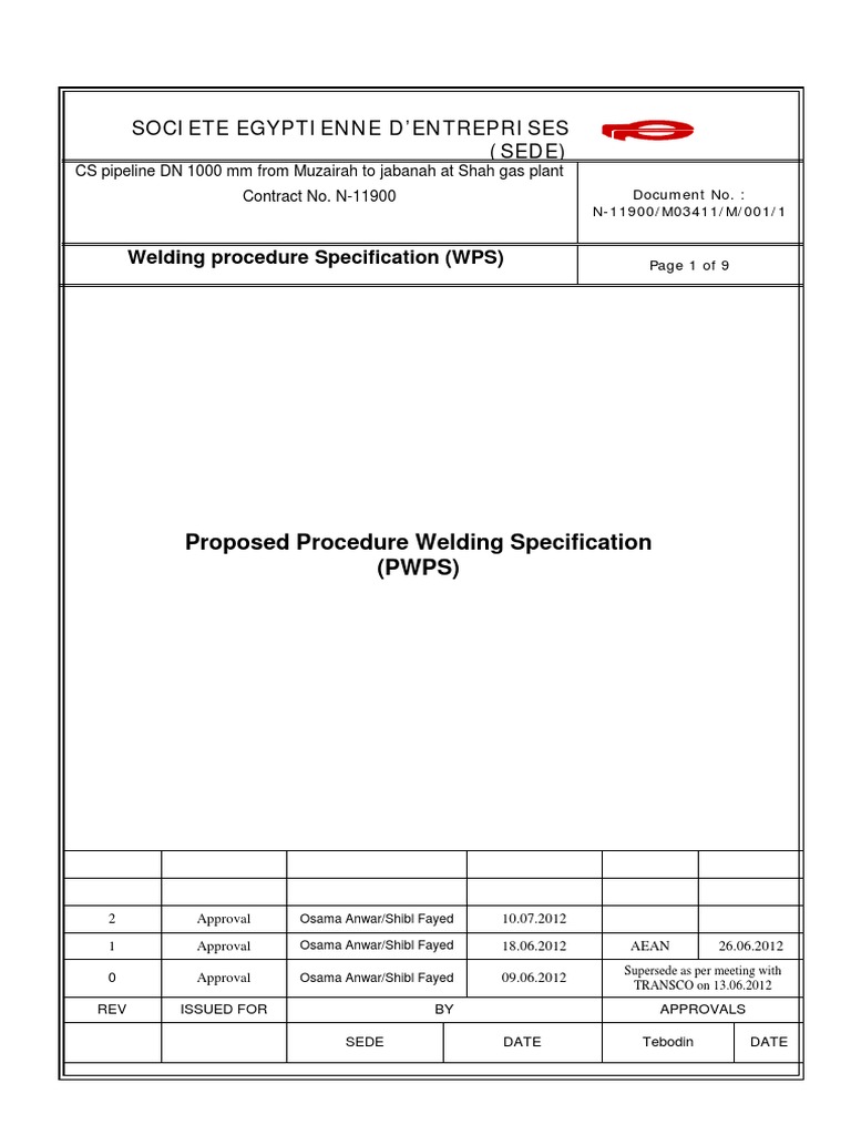 Societe Egyptienne D'Entreprises (SEDE) : Proposed Procedure Welding Specification (PWPS) | PDF