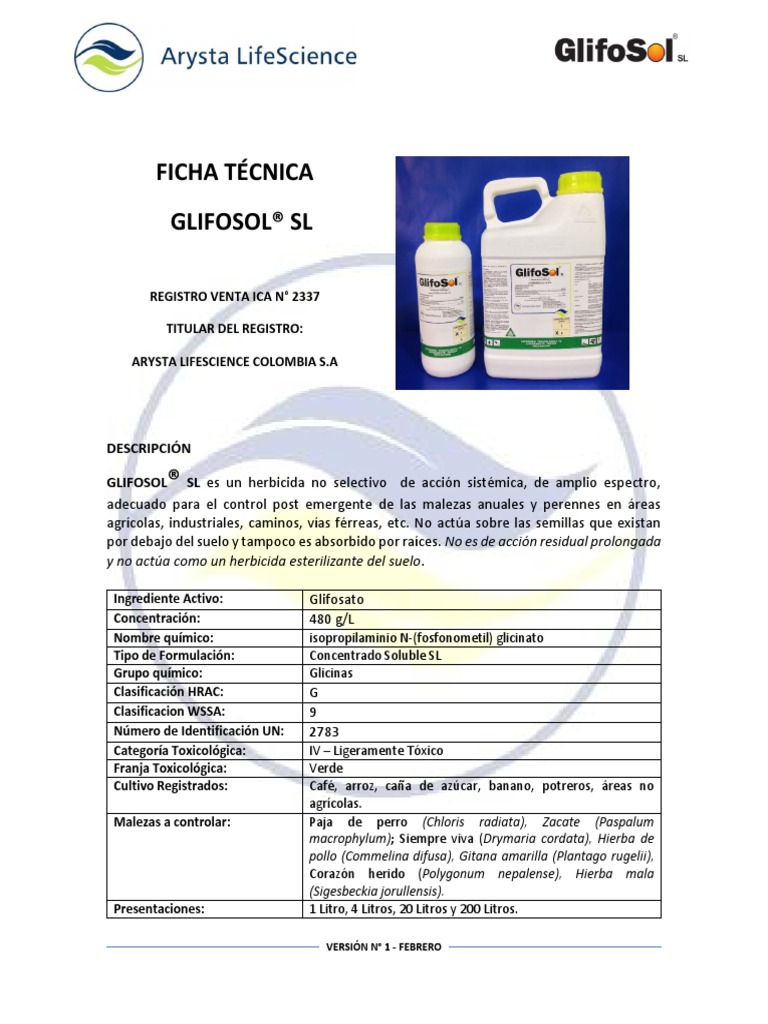 Glifosol - Herbicidas - Ficha Tecnica | PDF | Fotosíntesis | Biosíntesis