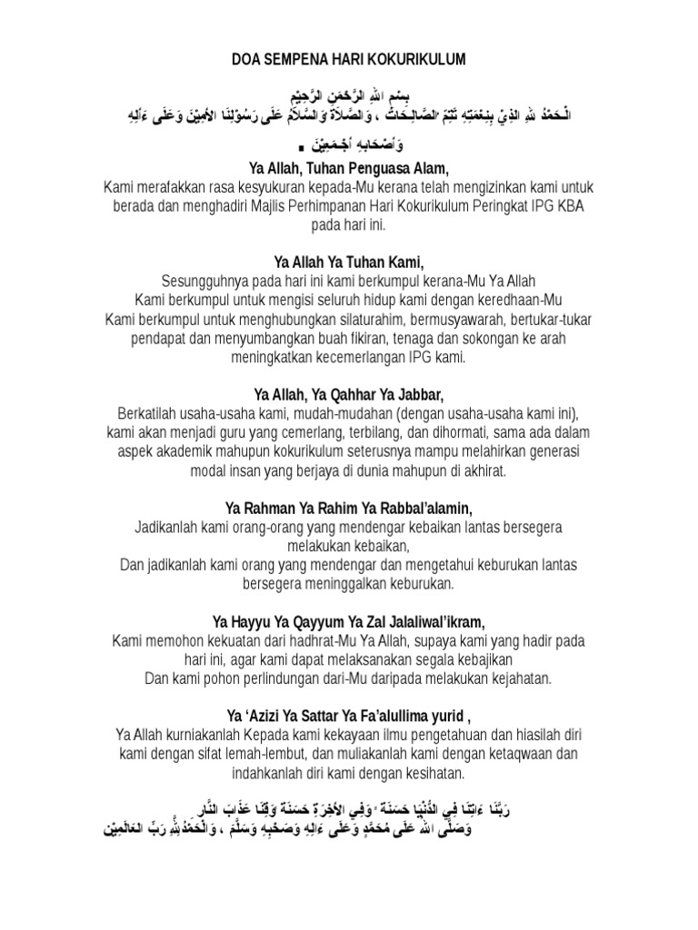 Doa Hari Kokurikulum IPG KBA | PDF