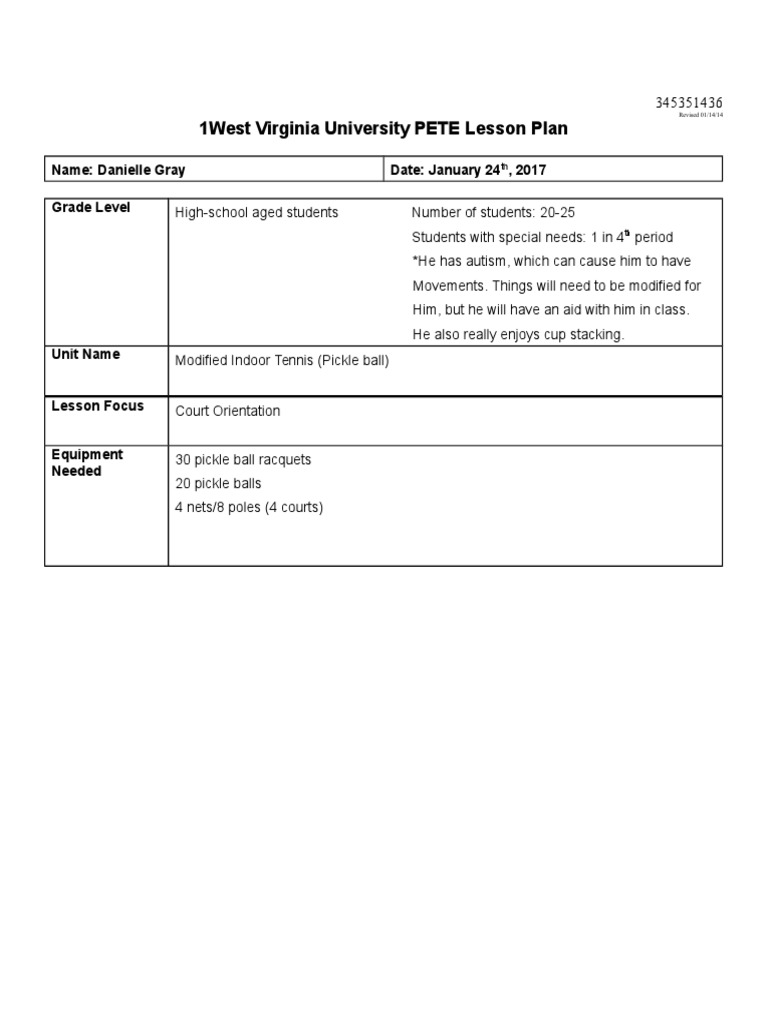 1west Virginia University PETE Lesson Plan: Name: Danielle Gray Date ...