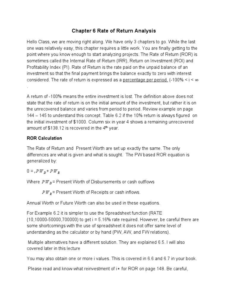 Chapter 6 Rate of Return Analysis: ROR Calculation | PDF | Internal ...