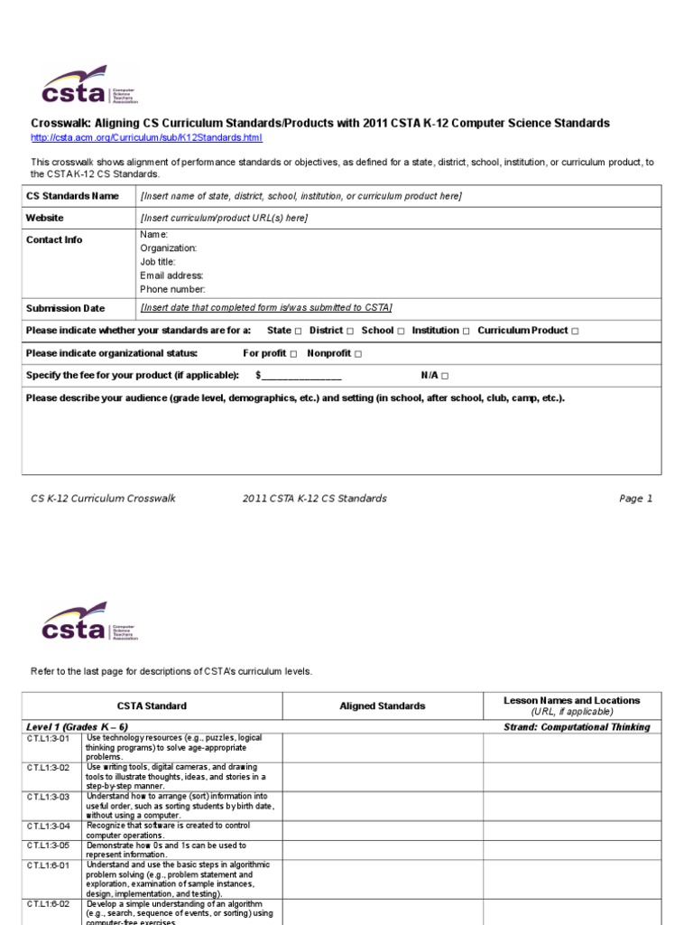 CSTA Standards Crosswalk Template StateDistrictSchoolProduct Standards ...
