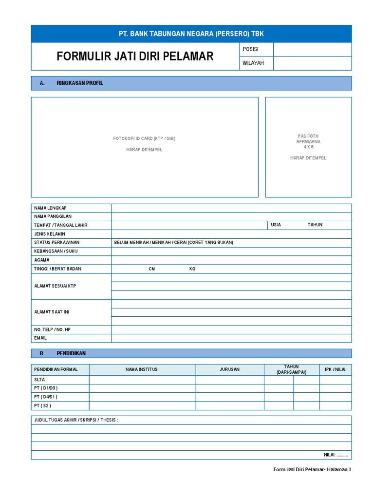Formulir Jati Diri Pelamar: Pt. Bank Tabungan Negara (Persero) TBK | PDF