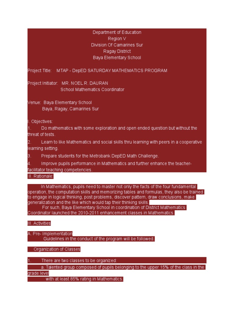 Sample Training Proposal Mtap - Summer Class Enhancement | PDF ...