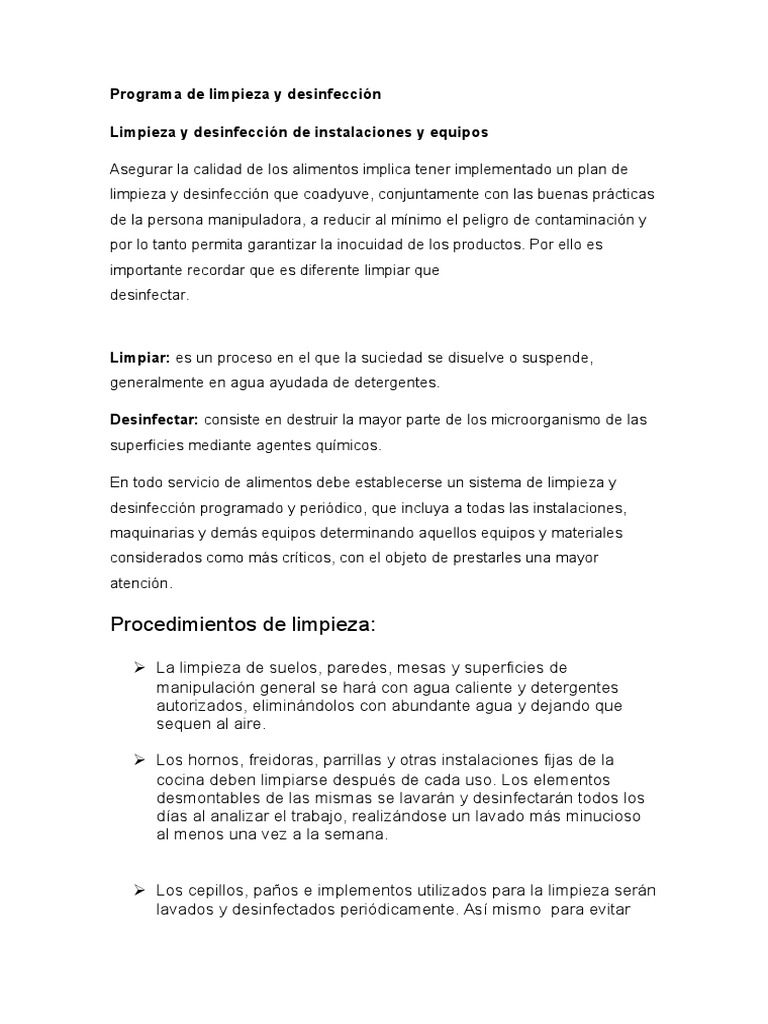 Programa de Limpieza y Desinfección | PDF | Detergente | Agua