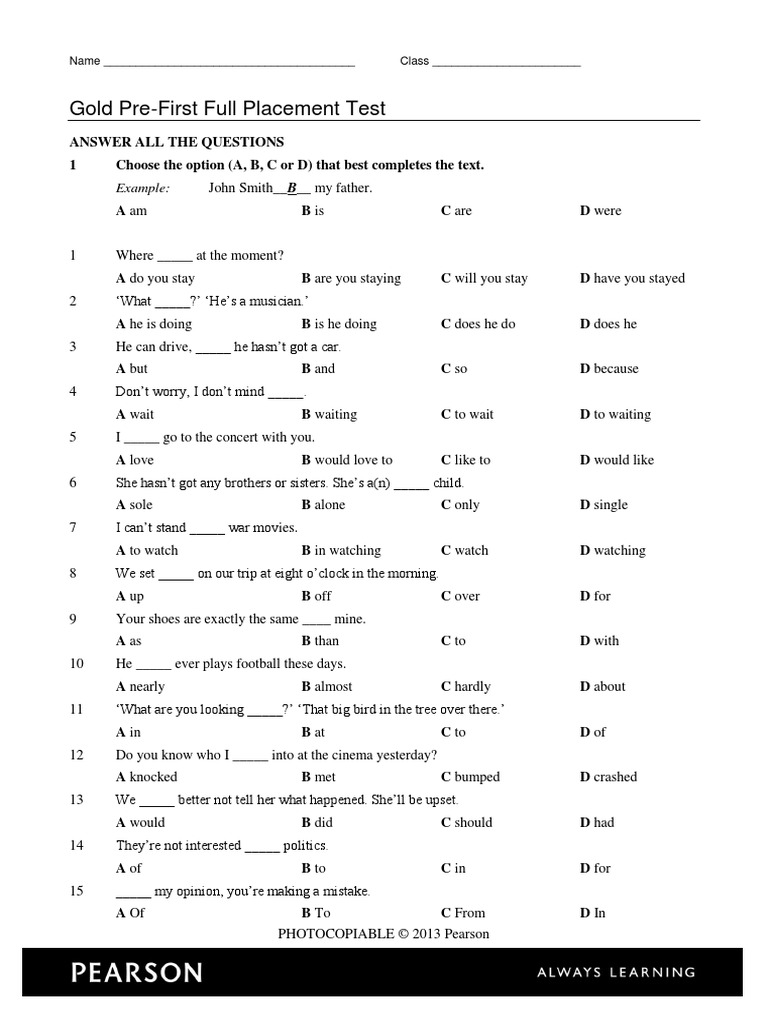 Gold Pre-First Full Placement Test: Example | PDF