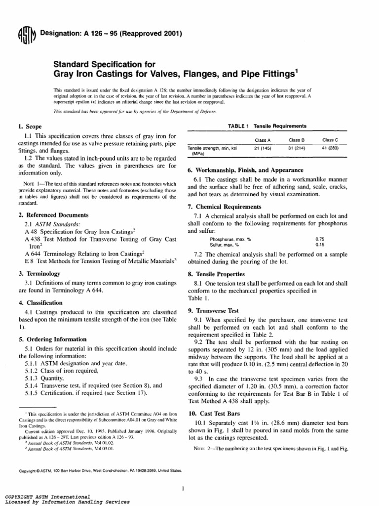 Astm A126 PDF | PDF | Casting (Metalworking) | Specification (Technical ...