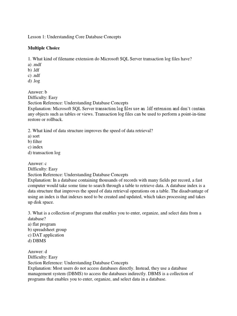 98 364 Test Bank Lesson01 | PDF | Microsoft Sql Server | Databases