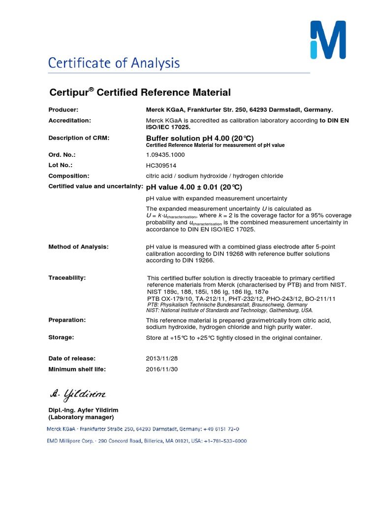 COA pH 4 Merck | Ph | Calibration