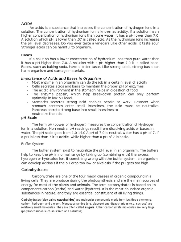 Acids: Importance of Acids and Bases in Organism | PDF | Carbohydrates ...