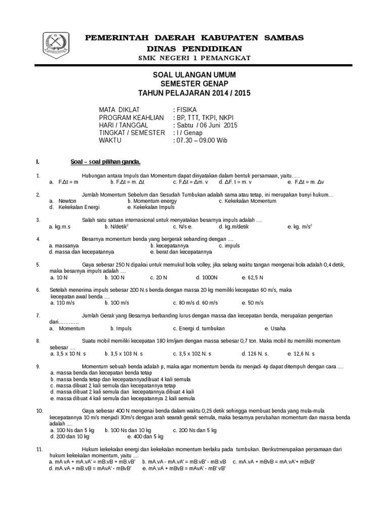 Soal Ulangan Umum Fisika Kls 1 | PDF