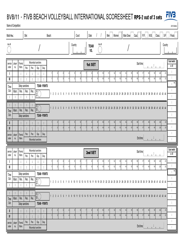 Fivb Beach Volleyball International Scoresheet: RPS 2 Out of 3 Sets | PDF