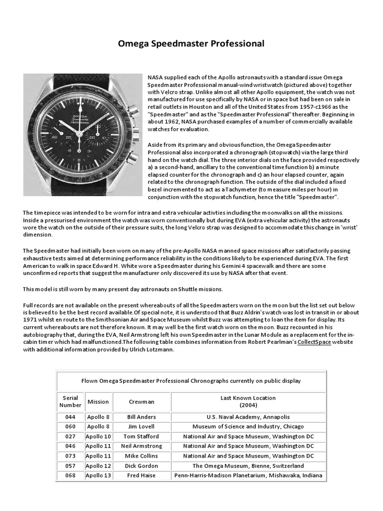 Omega Speedmaster Aka. Moonwatch | PDF | Extravehicular Activity | Watch