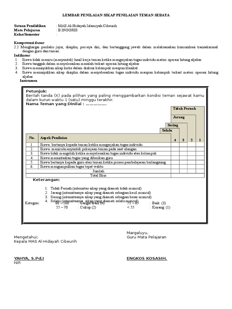 Lembar Penilaian Sikap Penilaian Teman Sebaya | PDF