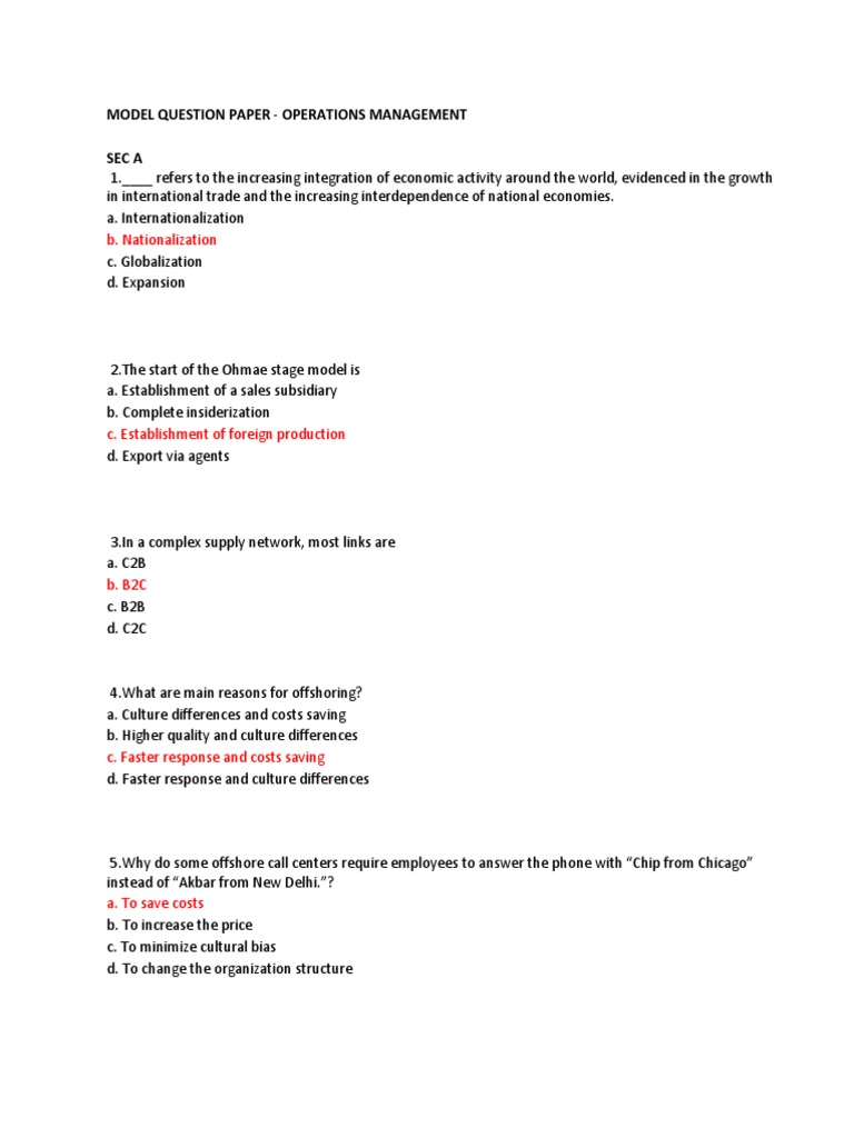 Operations Management Model Question Paper | PDF | Offshoring | Outsourcing