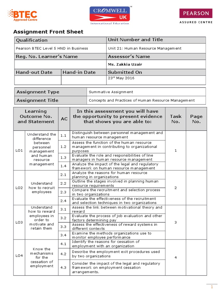 Human Resource Management - Assignment Brief Lo1, Lo2, Lo3, Lo4 | PDF | Human Resource ...
