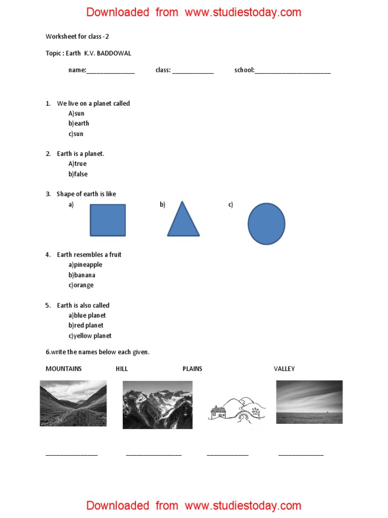 Earth Worksheet for Class 2 | PDF | Science & Mathematics