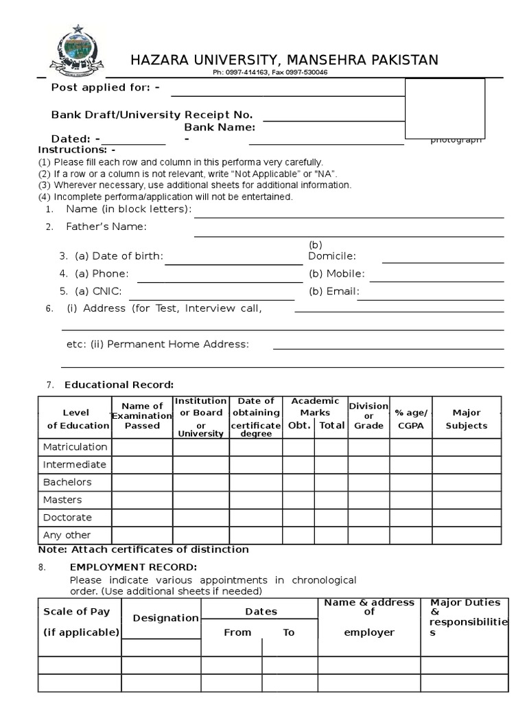 Application Form Hazara University Mansehra Www.jobsalert.pk ...
