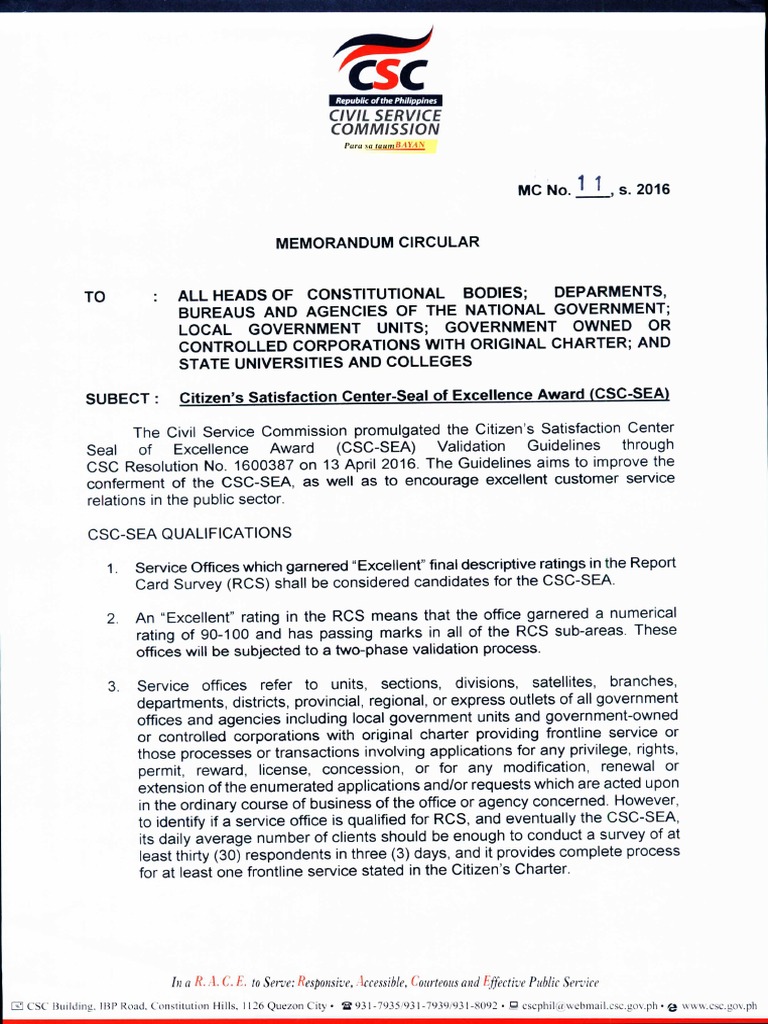 MC No. 11, s. 2016 - Citizen's Satisfaction Center-Seal of Excellence ...