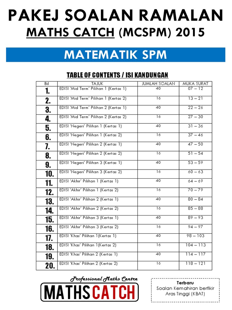 Pakej Soalan Ramalan Maths Catch (SPM) - Tingkatan 5 (Mcf5-2015) | PDF