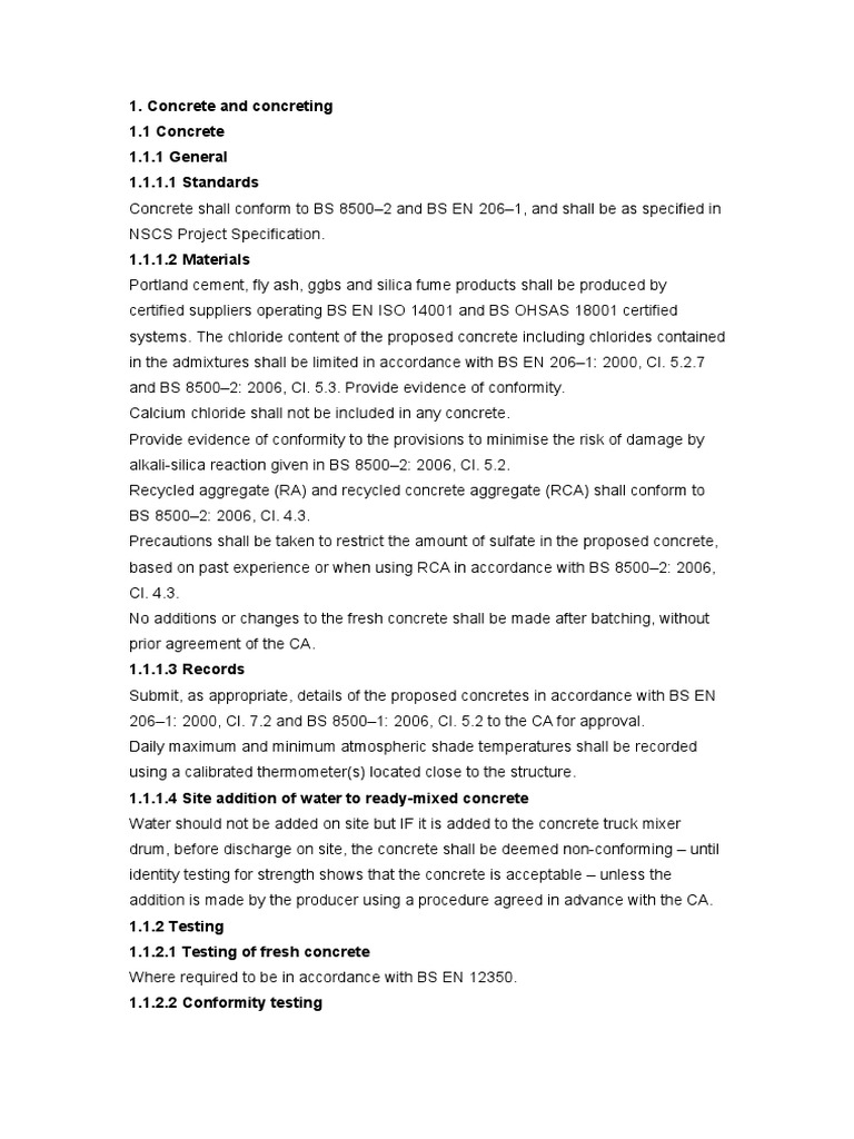 Outline Specification For Concrete and Reinforcement Materials | PDF ...