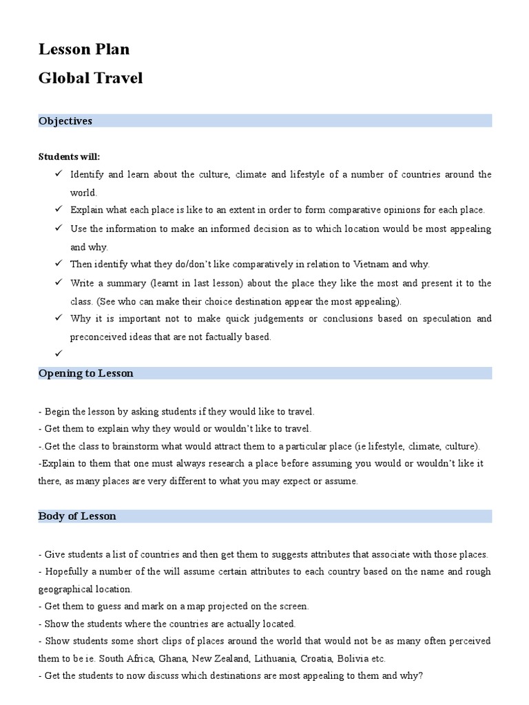 Lesson Plan Global Travel: Objectives | PDF