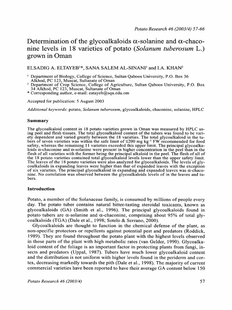 Determination of The Glycoalkaloids - Solanine and S-Chaco-Nine Levels ...