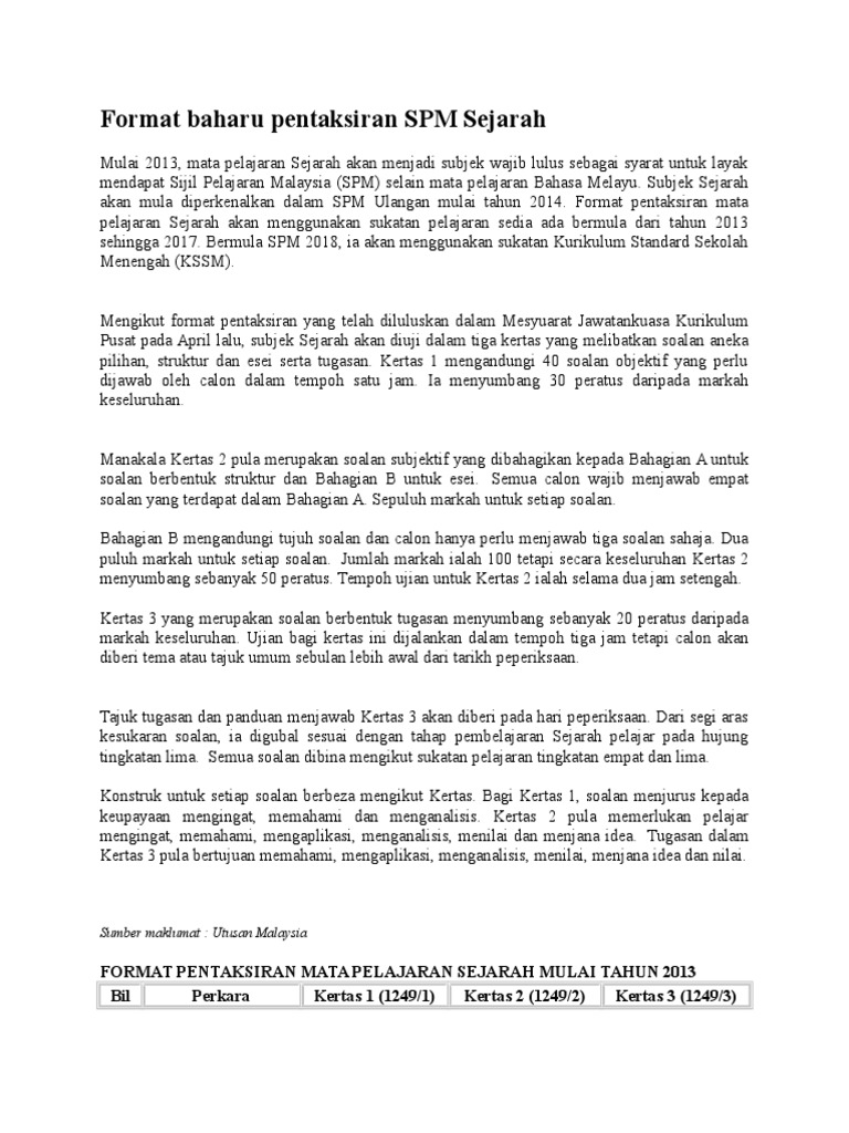 Format Baharu Pentaksiran SPM Sejarah | PDF